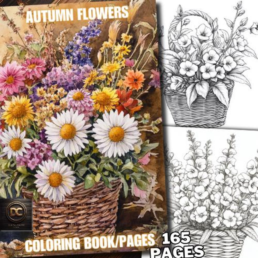165 Autumn Flowers Coloring Pages, Fall Flower Coloring Book, Floral ...