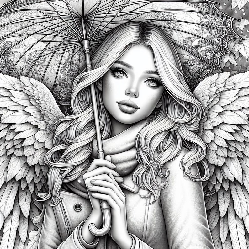 50 Angel Coloring Pages, Women Angels Coloring Pages, Girl, Grayscale ...