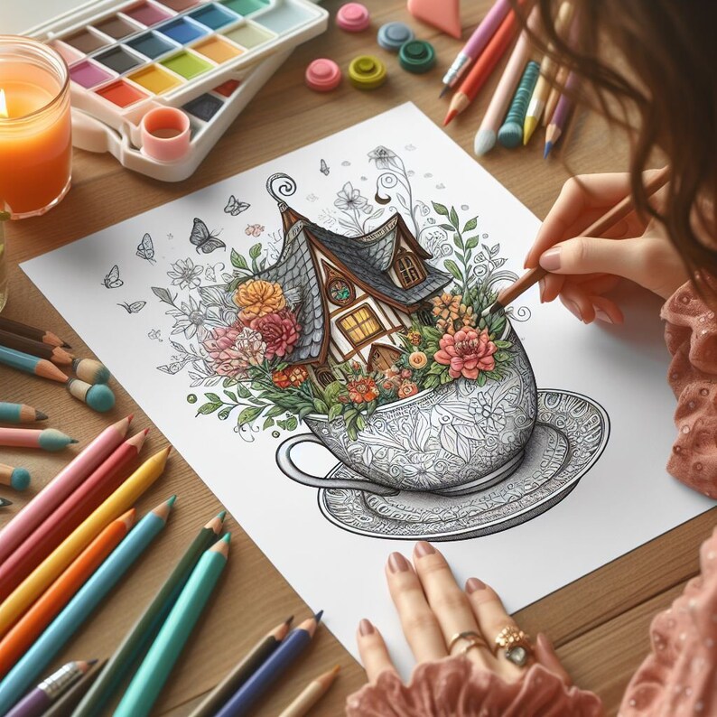 41 Teacup House Coloring Book, Fairy House Coloring Pages, Floral Home ...