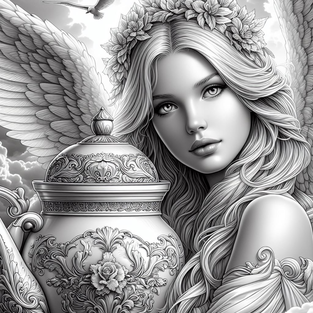 78 Angel in Teapot Coloring Pages, Women Angels at Tea Time, Grayscale ...