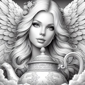 78 Angel in Teapot Coloring Pages, Women Angels at Tea Time, Grayscale ...