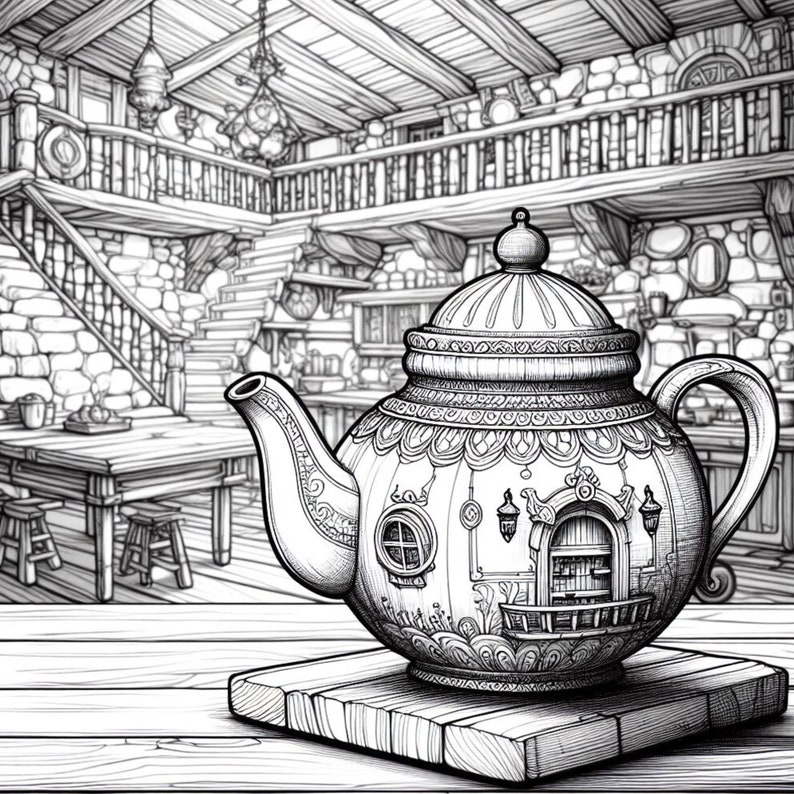 70 Fairy House in Teapot Coloring Pages, Floral Fantasy Teapot Houses ...