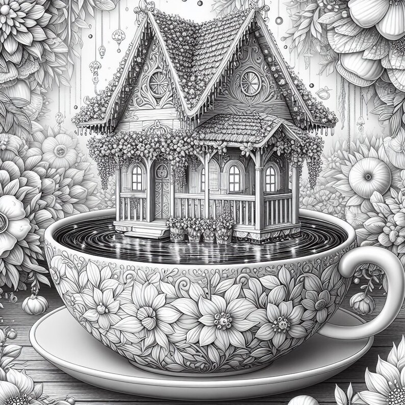 41 Teacup House Coloring Book, Fairy House Coloring Pages, Floral Home ...