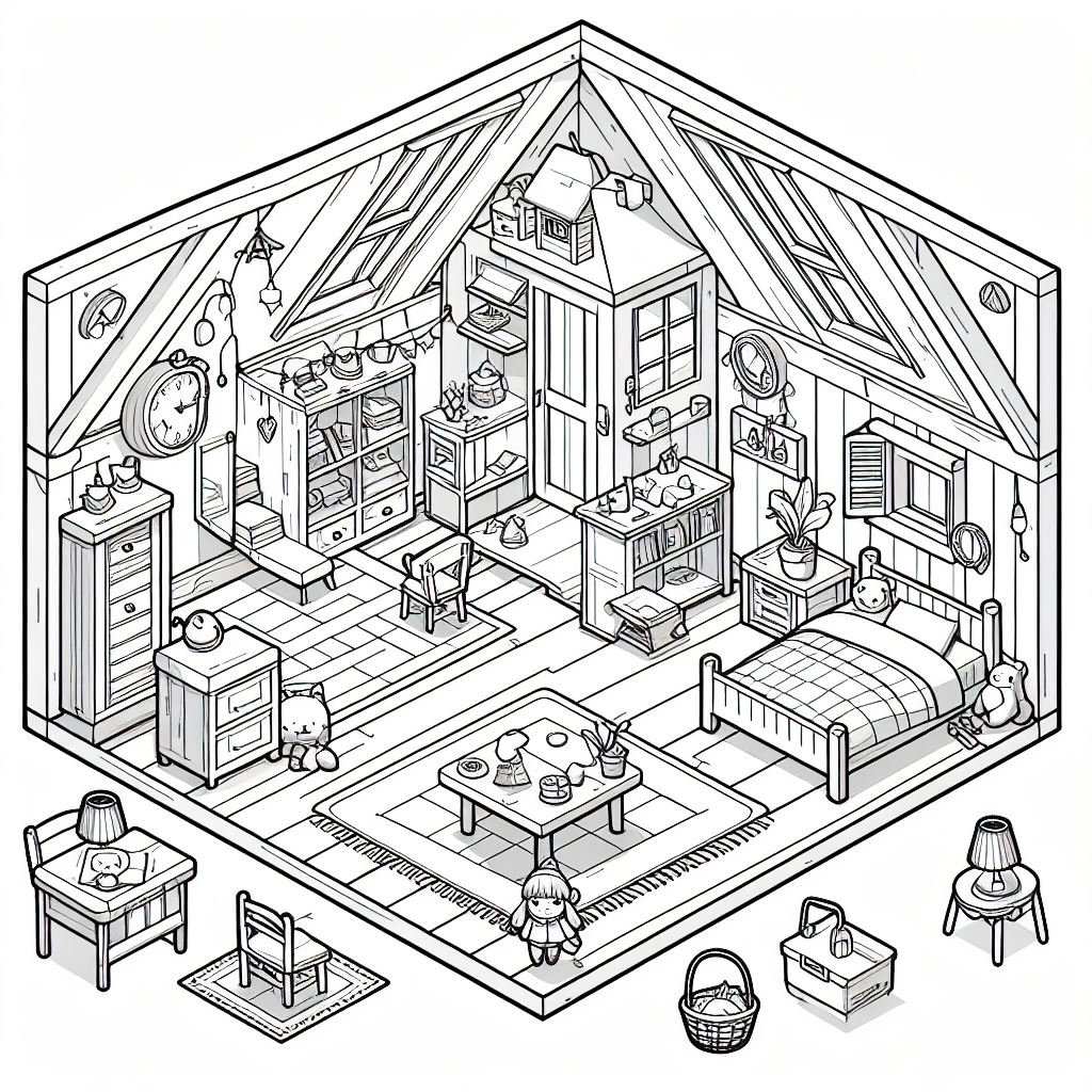 Coloring Book, 50 Coloring Pages High Quality Pocket Room Isometric ...