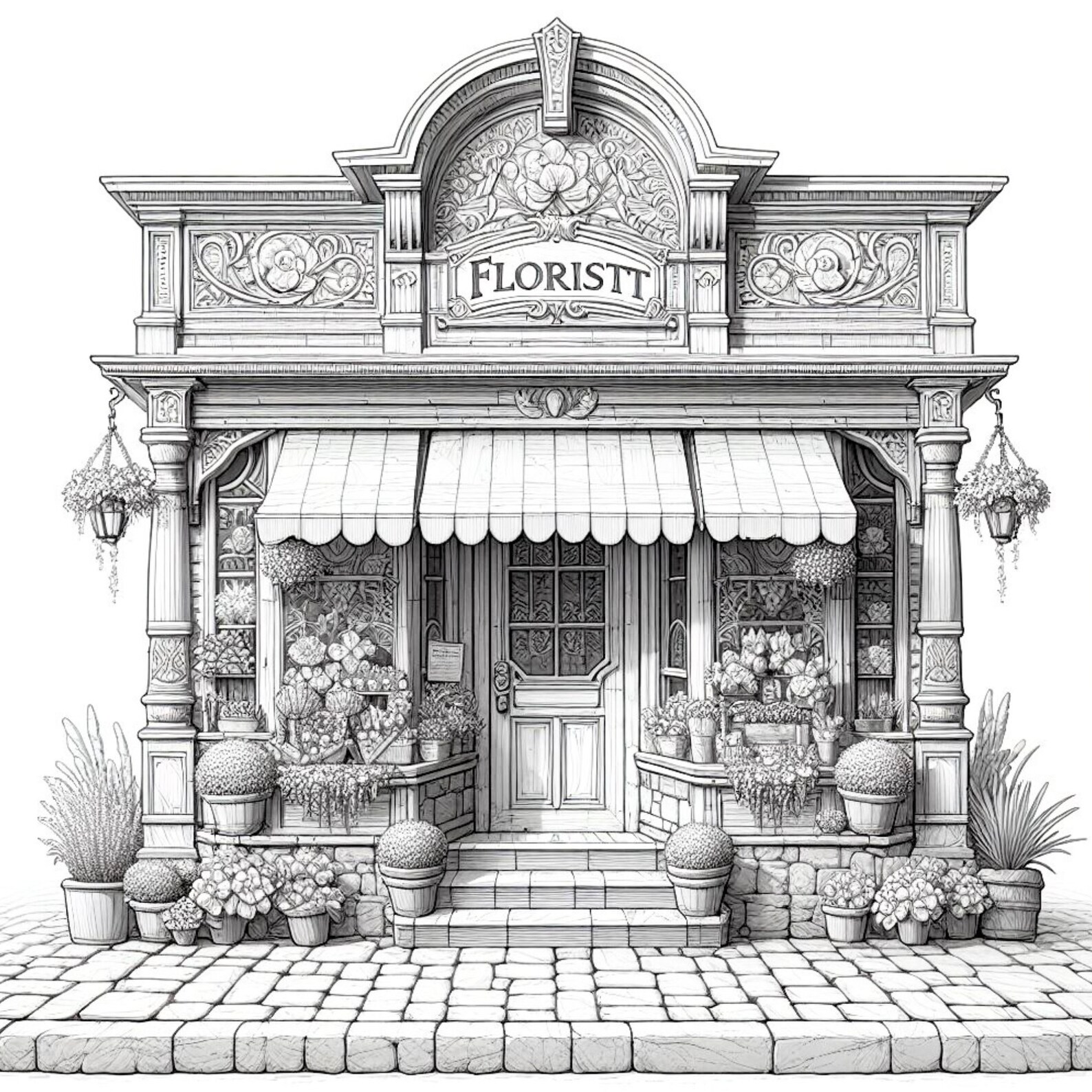 64 Flower Store Coloring Pages, Flower House Coloring Book, Grayscale ...