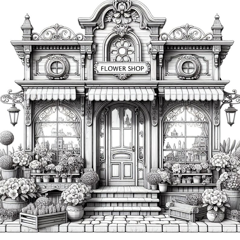 64 Flower Store Coloring Pages, Flower House Coloring Book, Grayscale ...