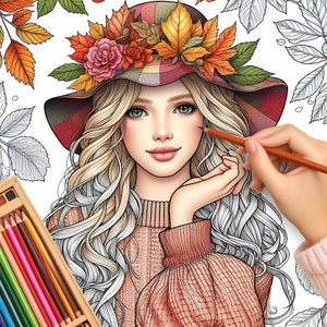 36 Fall Girl Coloring Book Printable Autumn Beauties Woman Rustic ...