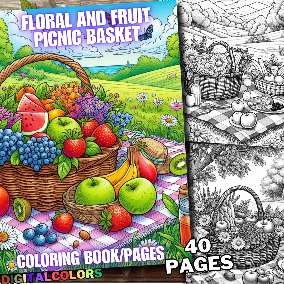 40 Floral and Fruit Picnic Basket Coloring Pages Coloring Book, Floral ...