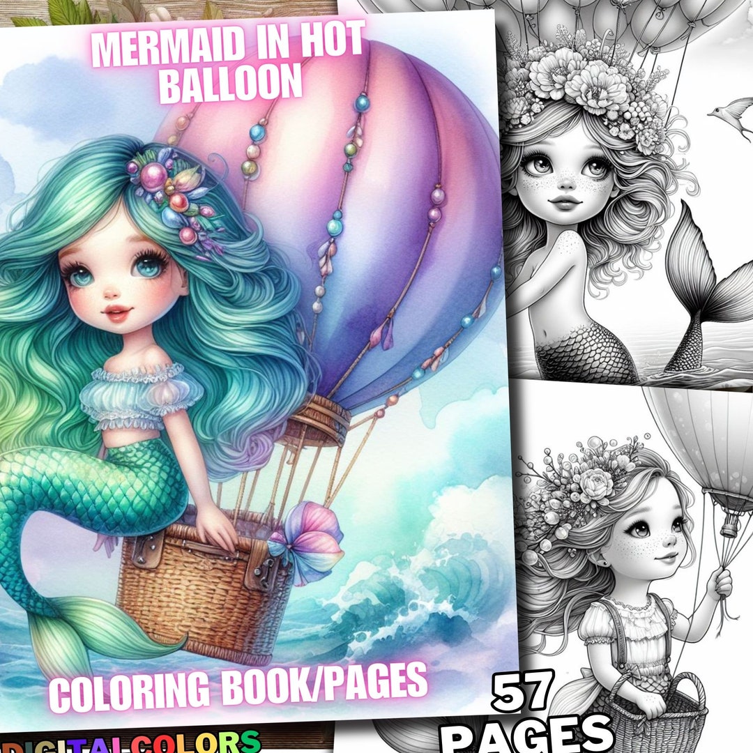 57 Mermaid in Hot Balloon Coloring, Mermaid Coloring Pages, Litlle ...