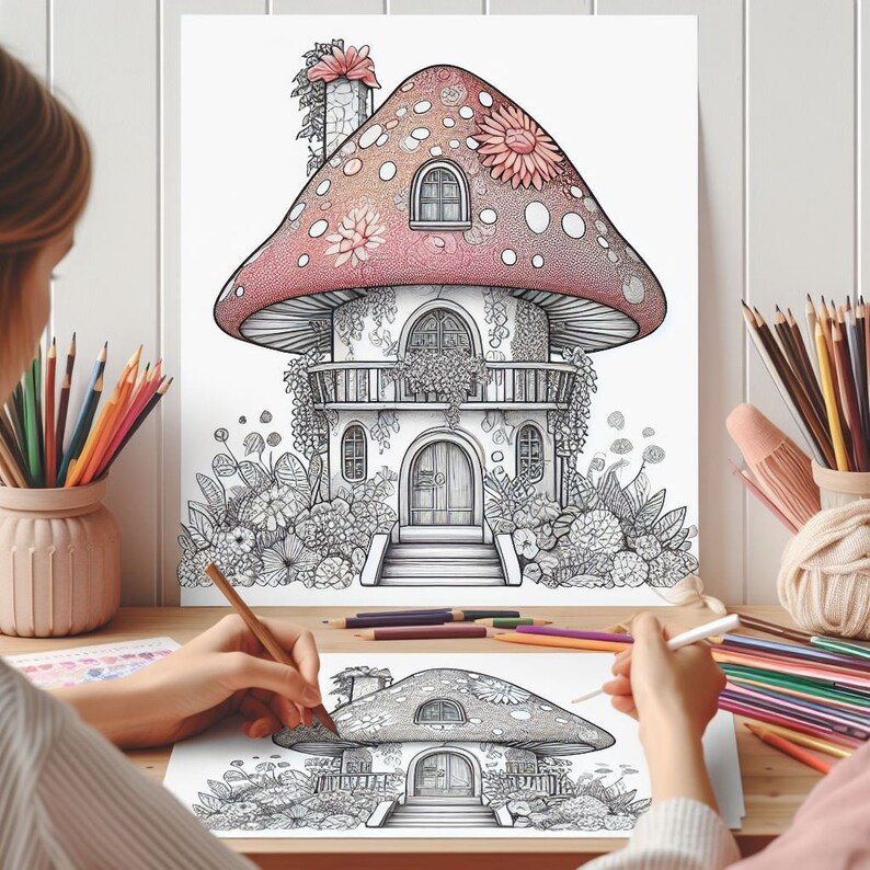 67 Mushroom House Coloring Book, Fairy House Coloring Pages, Grayscale ...