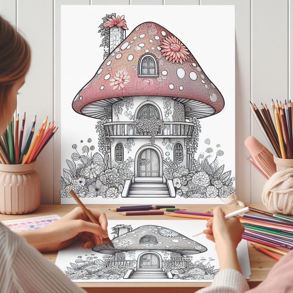 67 Mushroom House Coloring Book, Fairy House Coloring Pages, Grayscale ...