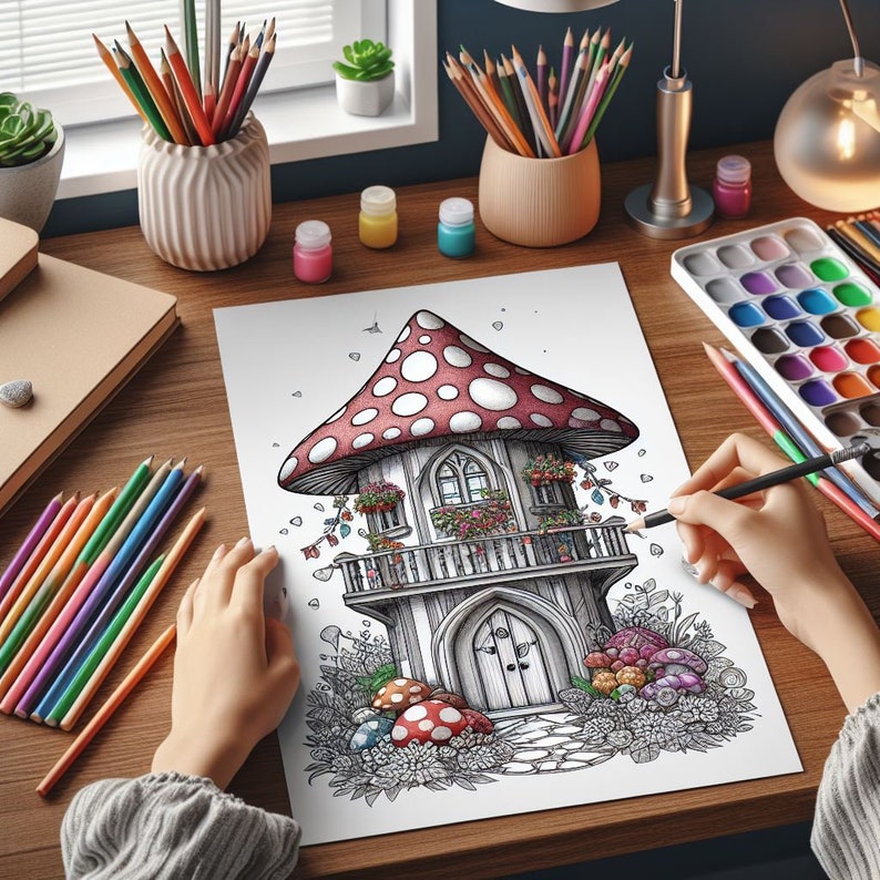 67 Mushroom House Coloring Book, Fairy House Coloring Pages, Grayscale ...