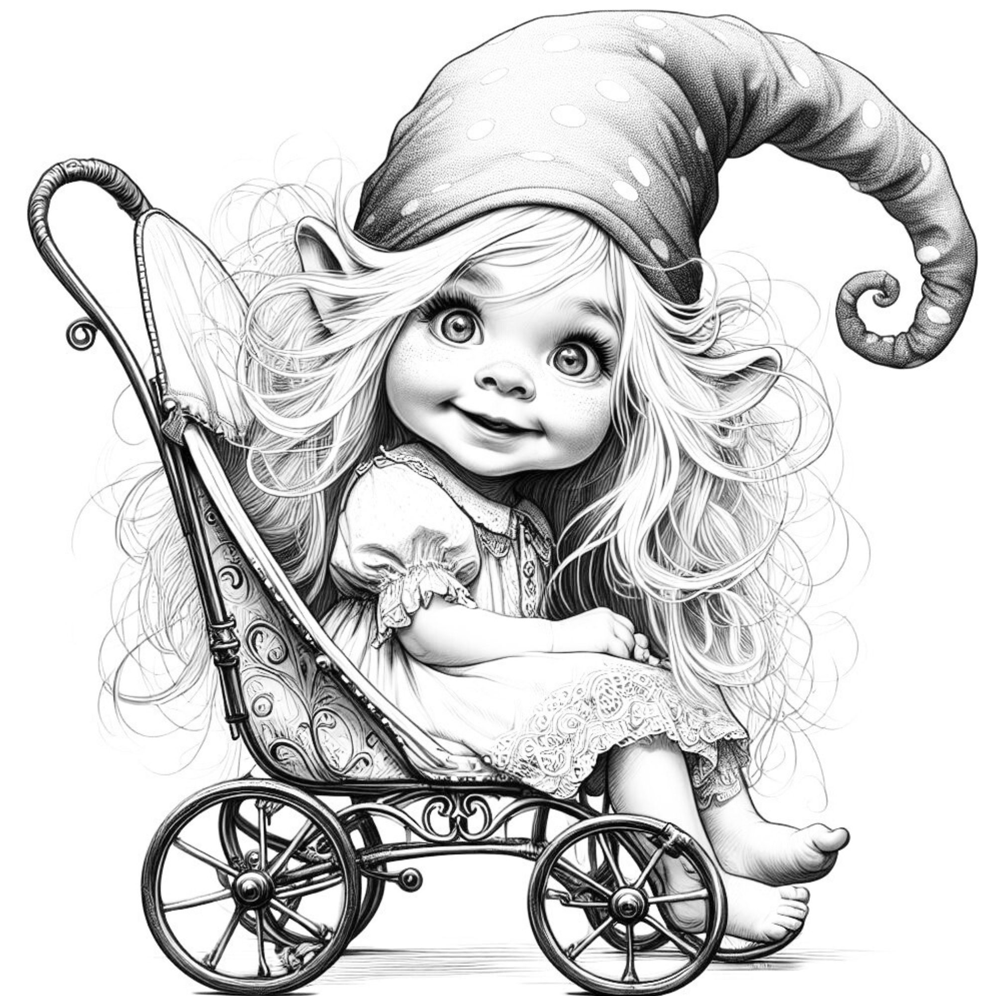 43 Girl Gnome in Baby Stroller Coloring Pages, Elf Coloring Book, Troll ...