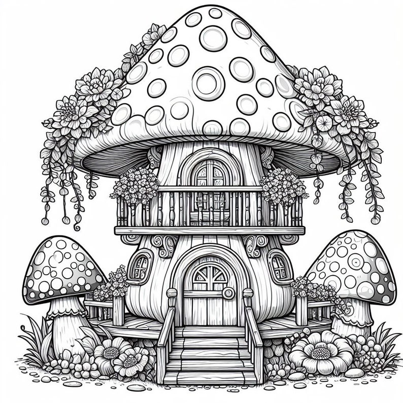 67 Mushroom House Coloring Book, Fairy House Coloring Pages, Grayscale ...