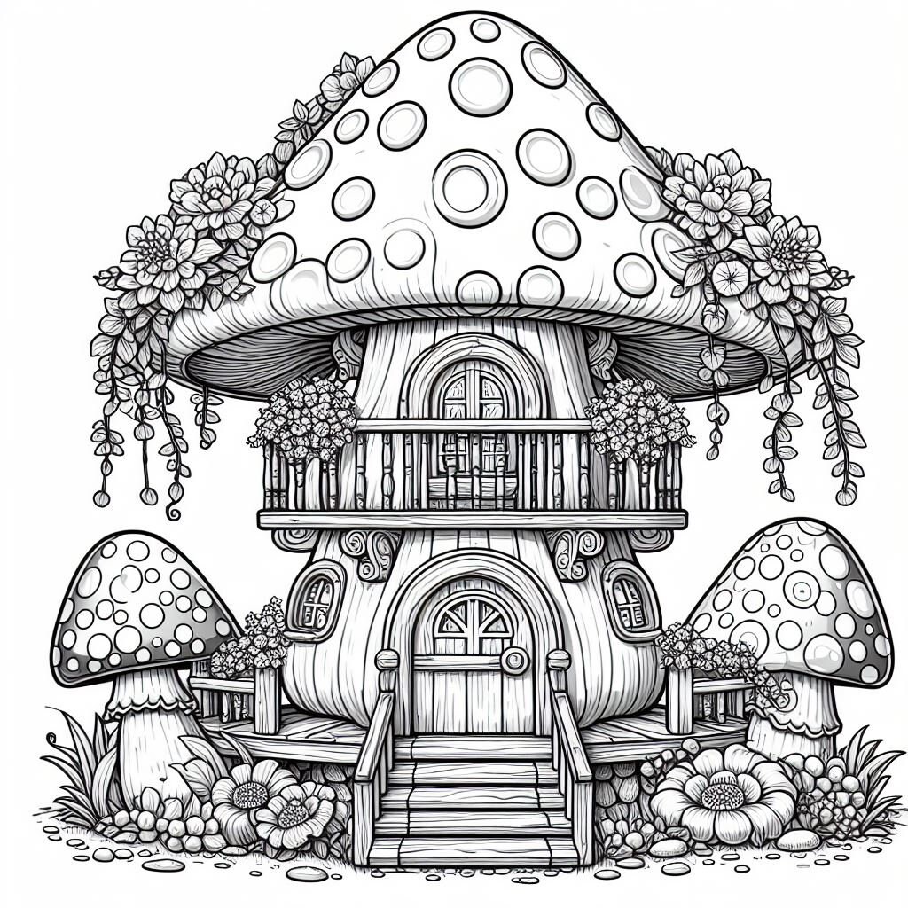 67 Mushroom House Coloring Book, Fairy House Coloring Pages, Grayscale ...