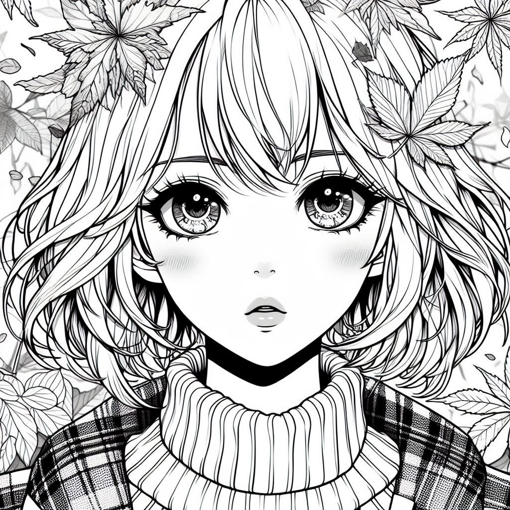 42 Autumn Anime Girls Coloring Pages Cute Portrait Beauties Girl Fall ...