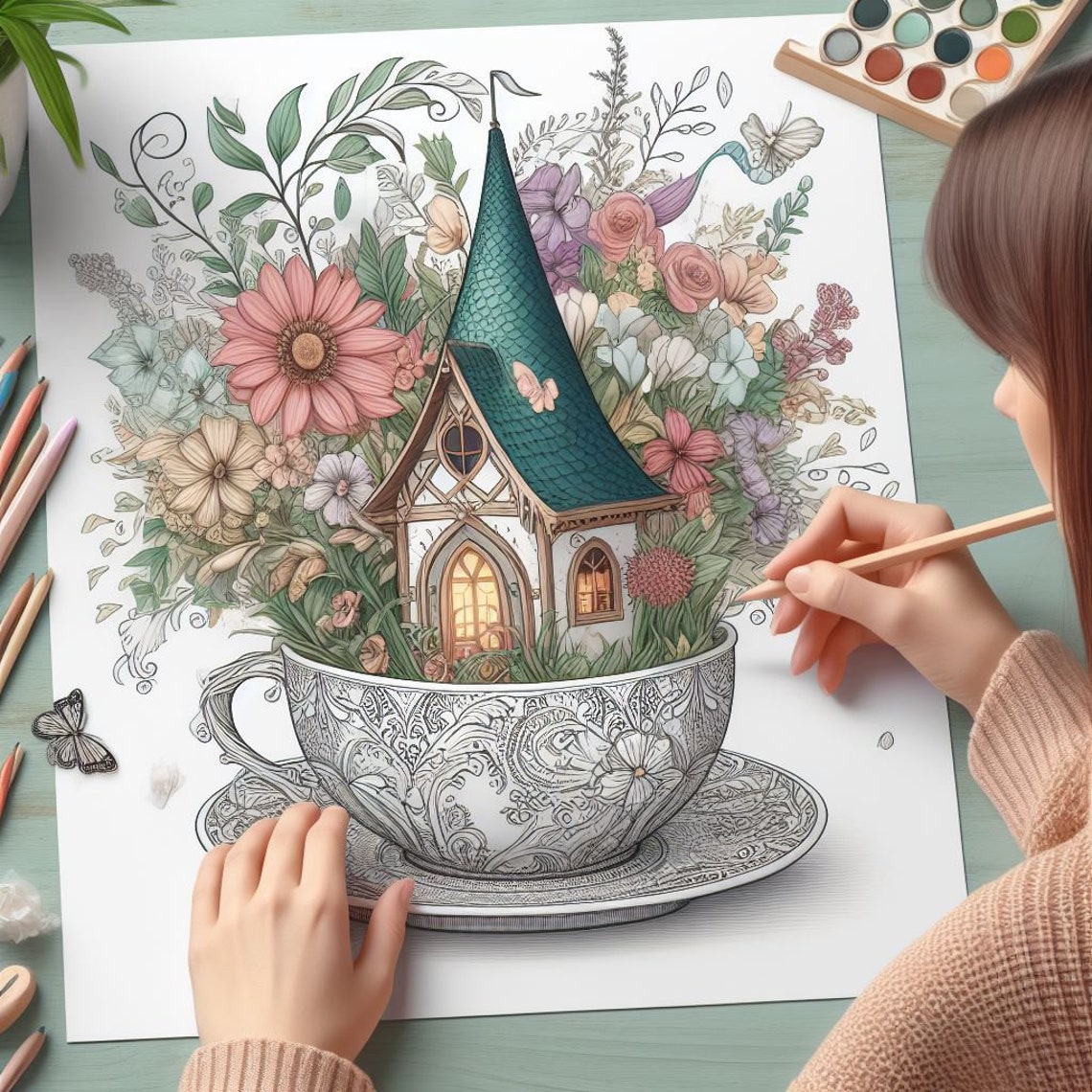 41 Teacup House Coloring Book, Fairy House Coloring Pages, Floral Home ...