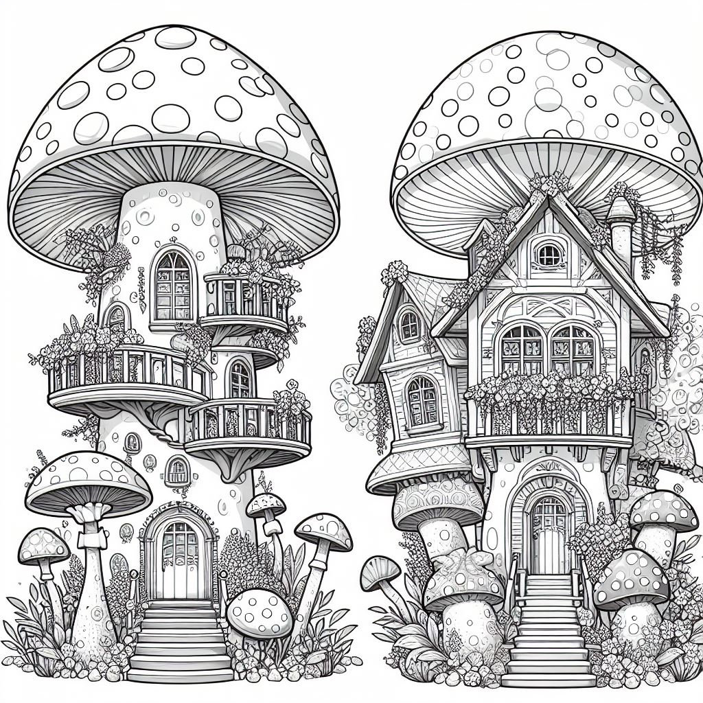 67 Mushroom House Coloring Book, Fairy House Coloring Pages, Grayscale ...