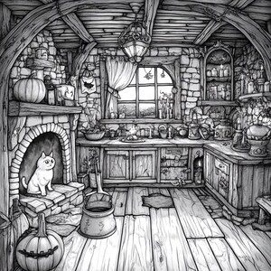 40 Witch House Interior Coloring Pages, Halloween Interior Coloring ...