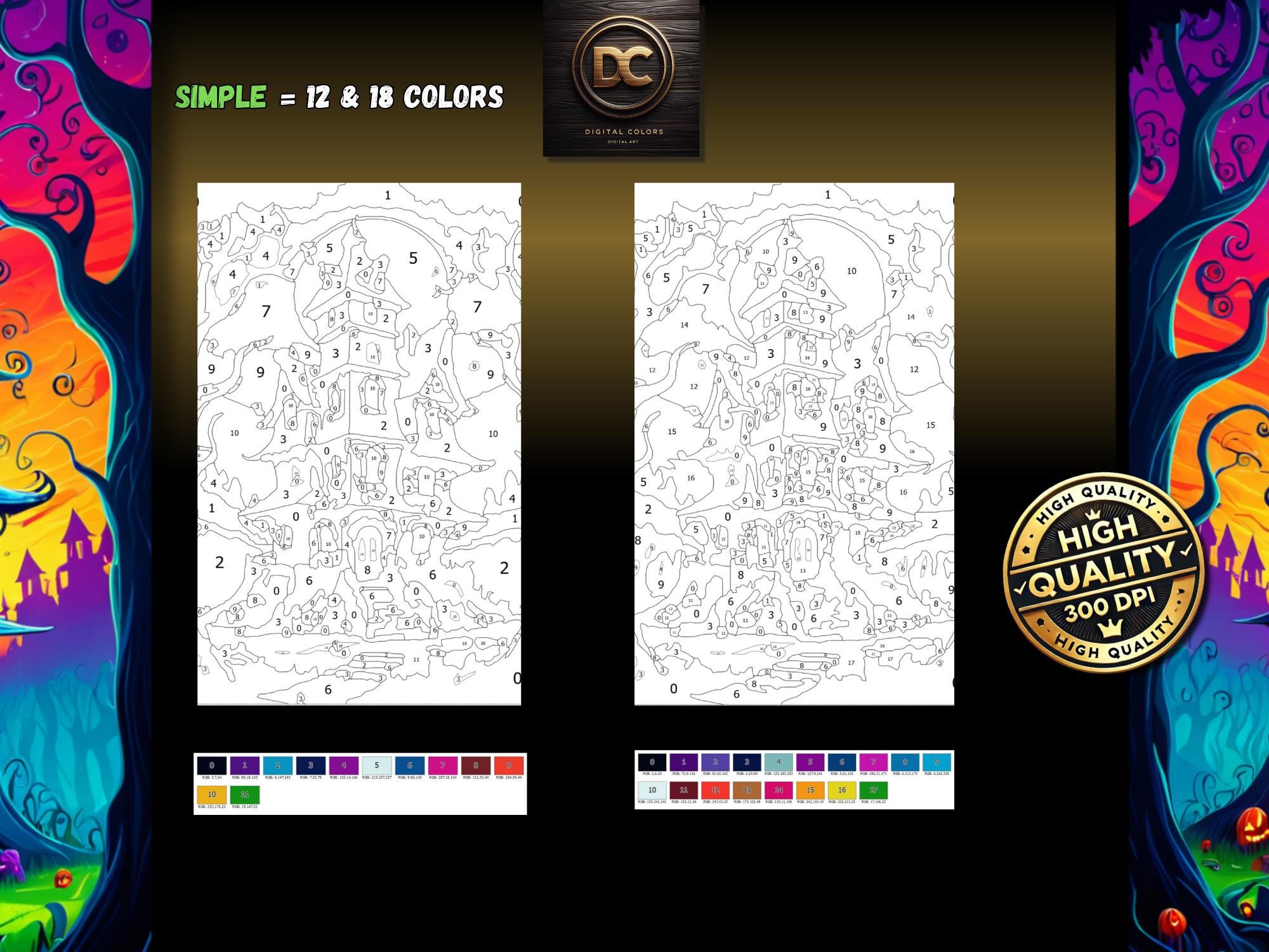 20 Coloring by Numbers, Digital Coloring Book, Paint, Procreate, Ipad ...
