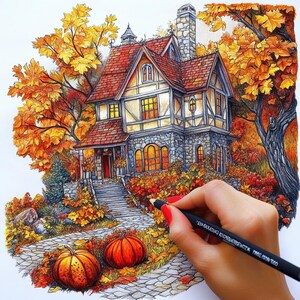 75 Fall House Coloring Pages, Autumn Houses Coloring Book, Home ...
