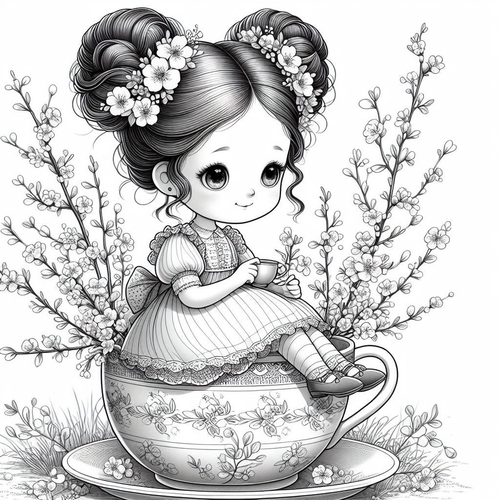 50 Flower Girl in Tea Cup Coloring Book, Cute Spring Girls Coloring ...