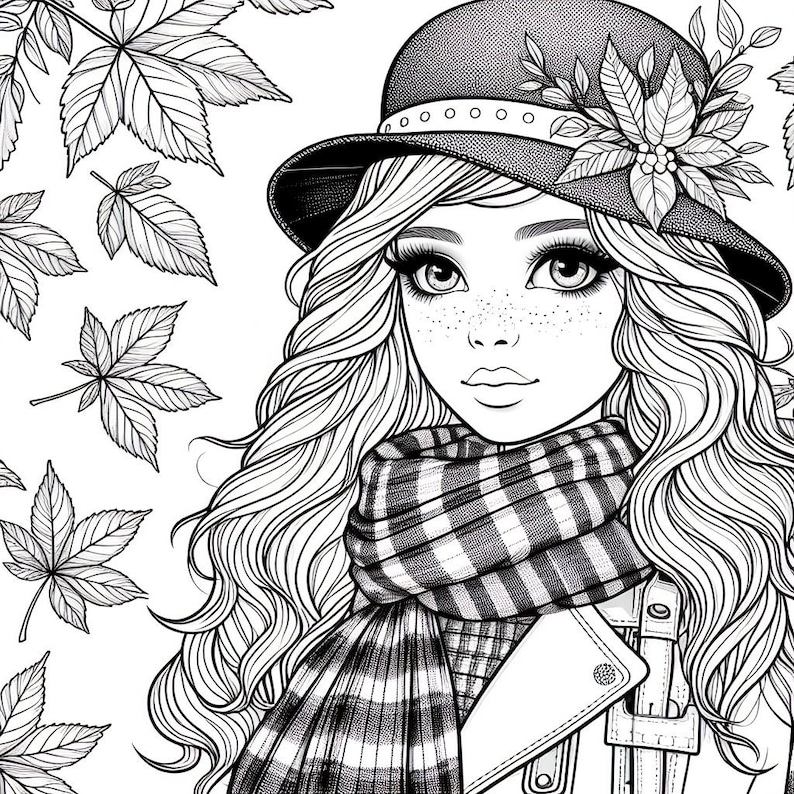 36 Fall Girl Coloring Book Printable Autumn Beauties Woman rustic ...