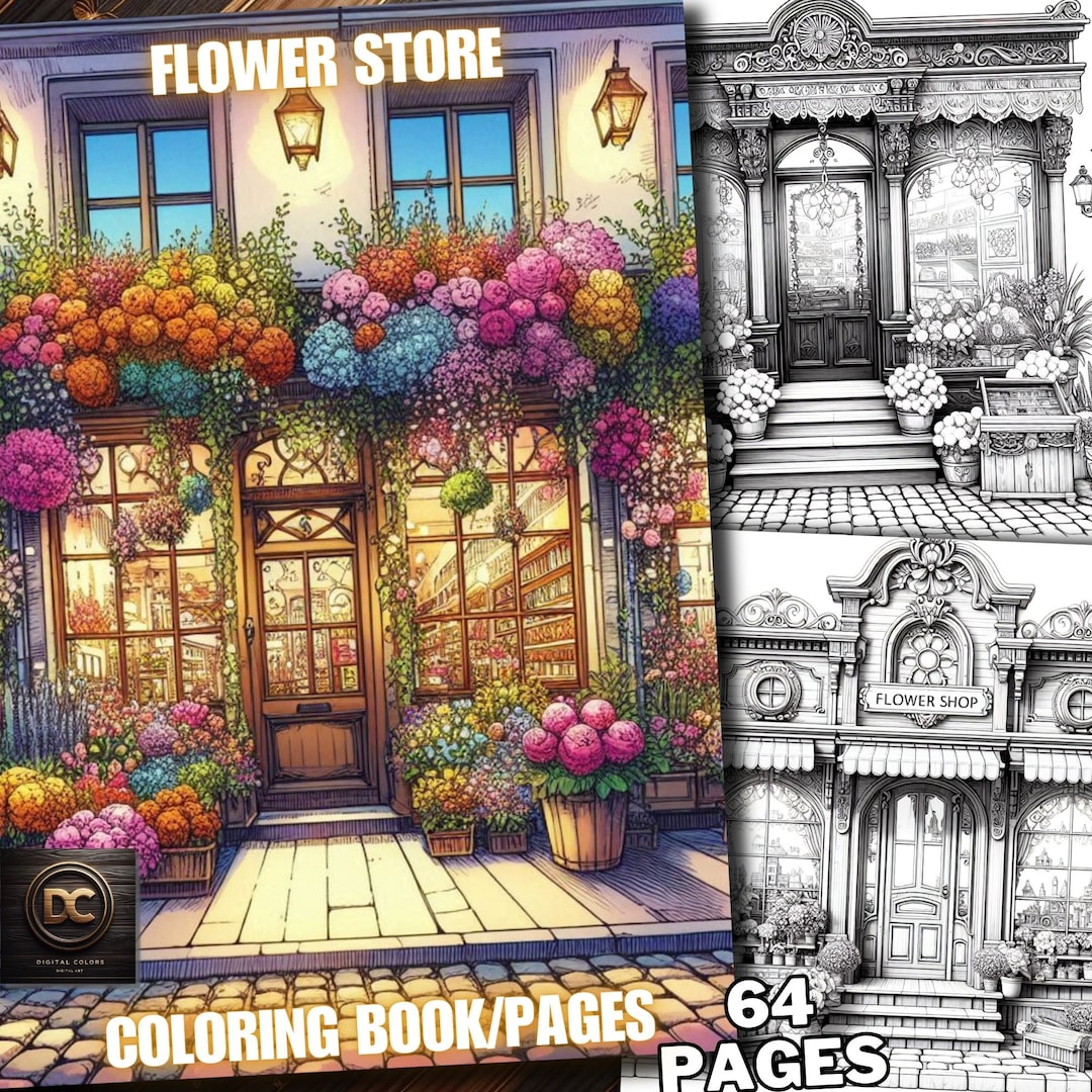64 Flower Store Coloring Pages, Flower House Coloring Book, Grayscale ...