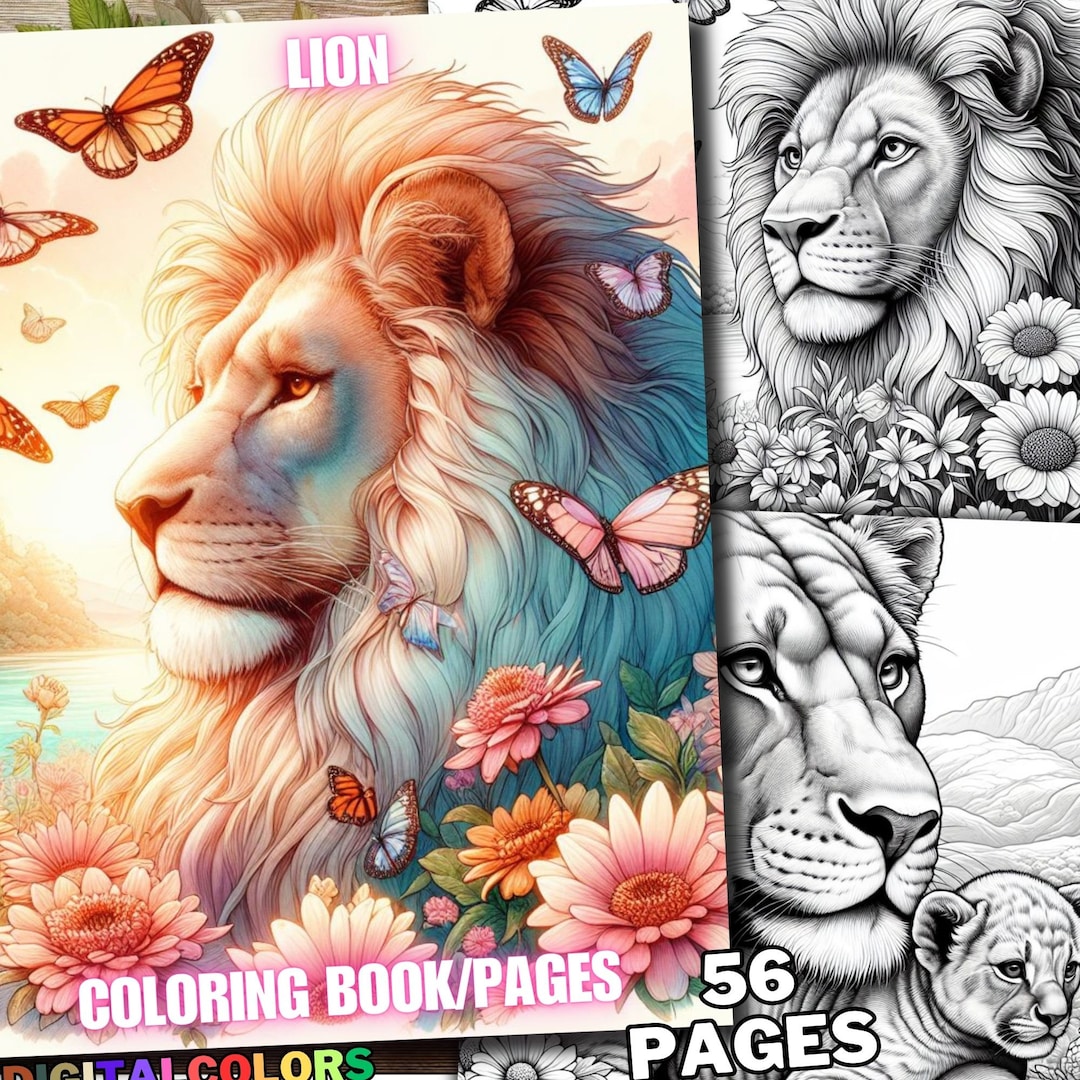 56 Lion Coloring Pages, Spring Animal Coloring Book, Grayscale Digital ...