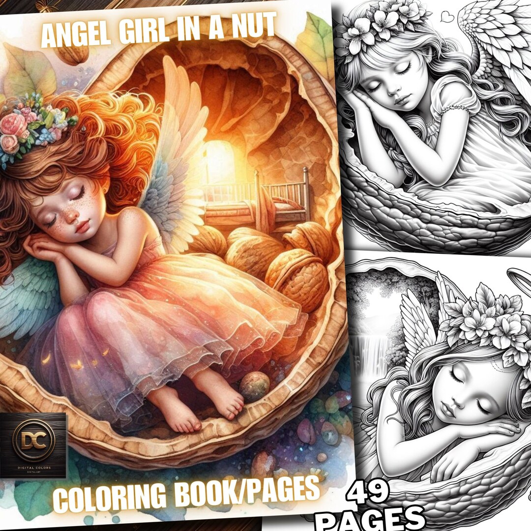 49 Angel Girl in a Nut Coloring Pages, Angel Coloring Book, Grayscale ...