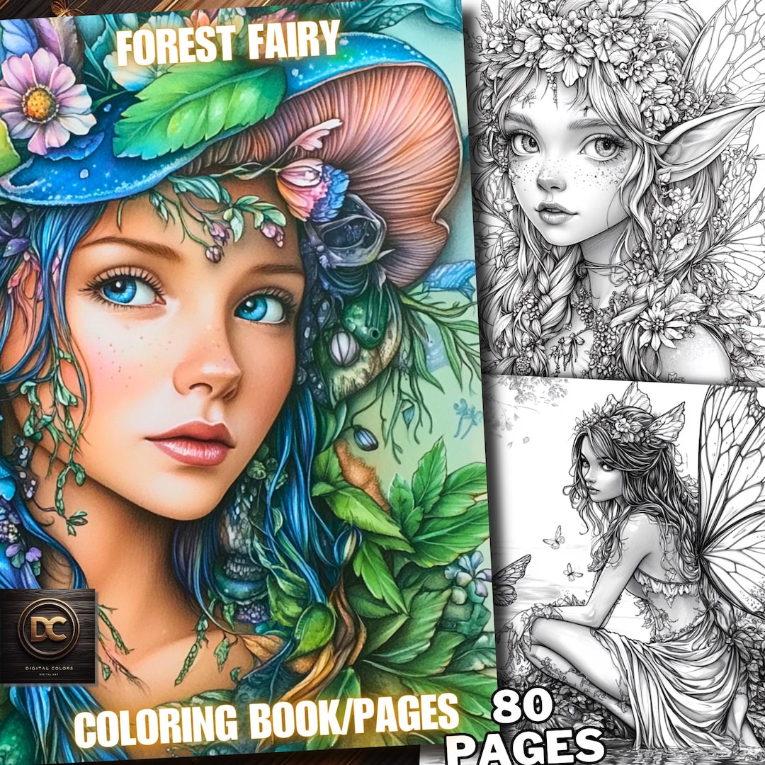 Forest Fairy Grayscale Coloring Book PDF PNG | 80 Pages for Adults ...