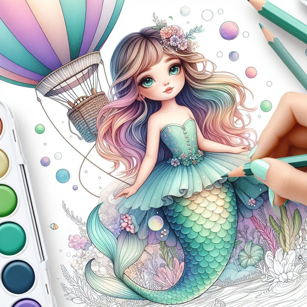 57 Mermaid in Hot Balloon Coloring, Mermaid Coloring Pages, Litlle ...