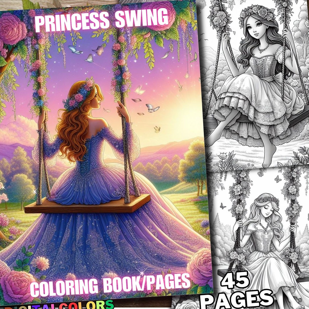 45 Cute Princess Fantasy Swing Coloring Pages Book Sheet Fairytale ...