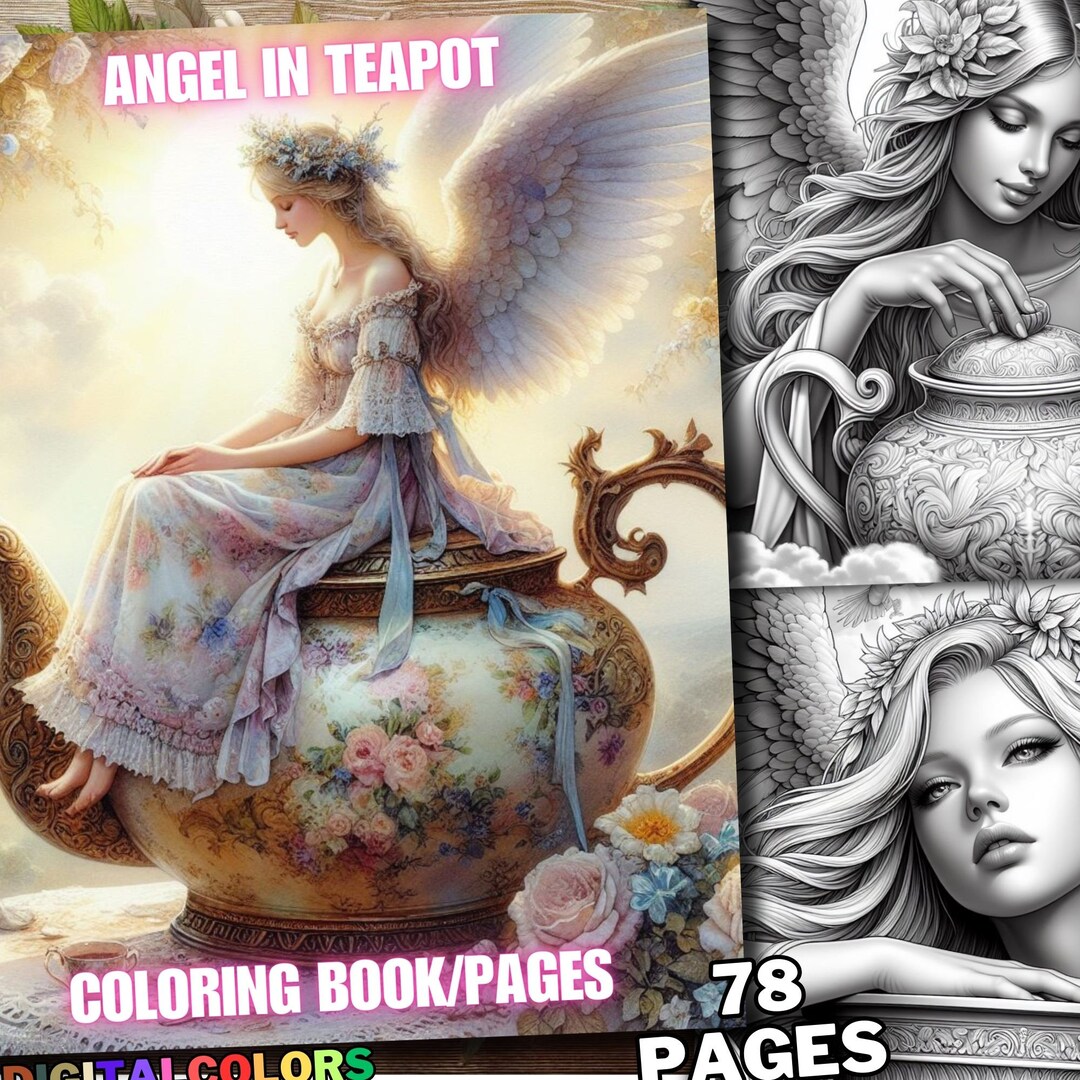 78 Angel in Teapot Coloring Pages, Women Angels at Tea Time, Grayscale ...