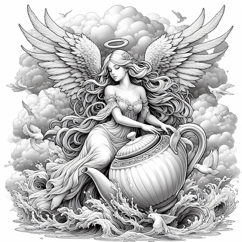 78 Angel in Teapot Coloring Pages, Women Angels at Tea Time, Grayscale ...