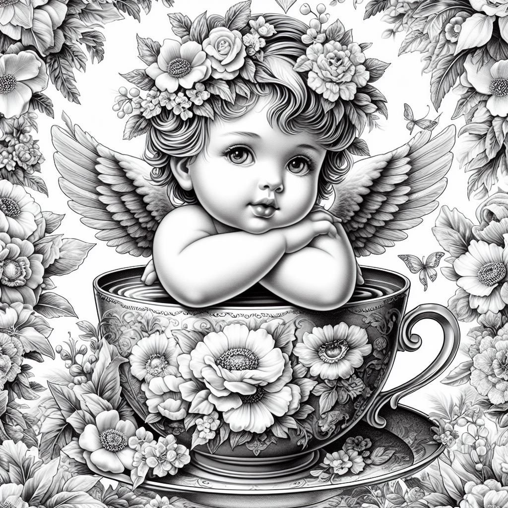 54 Baby Angel in Tea Cup Coloring Book Little Angel Coloring Pages ...