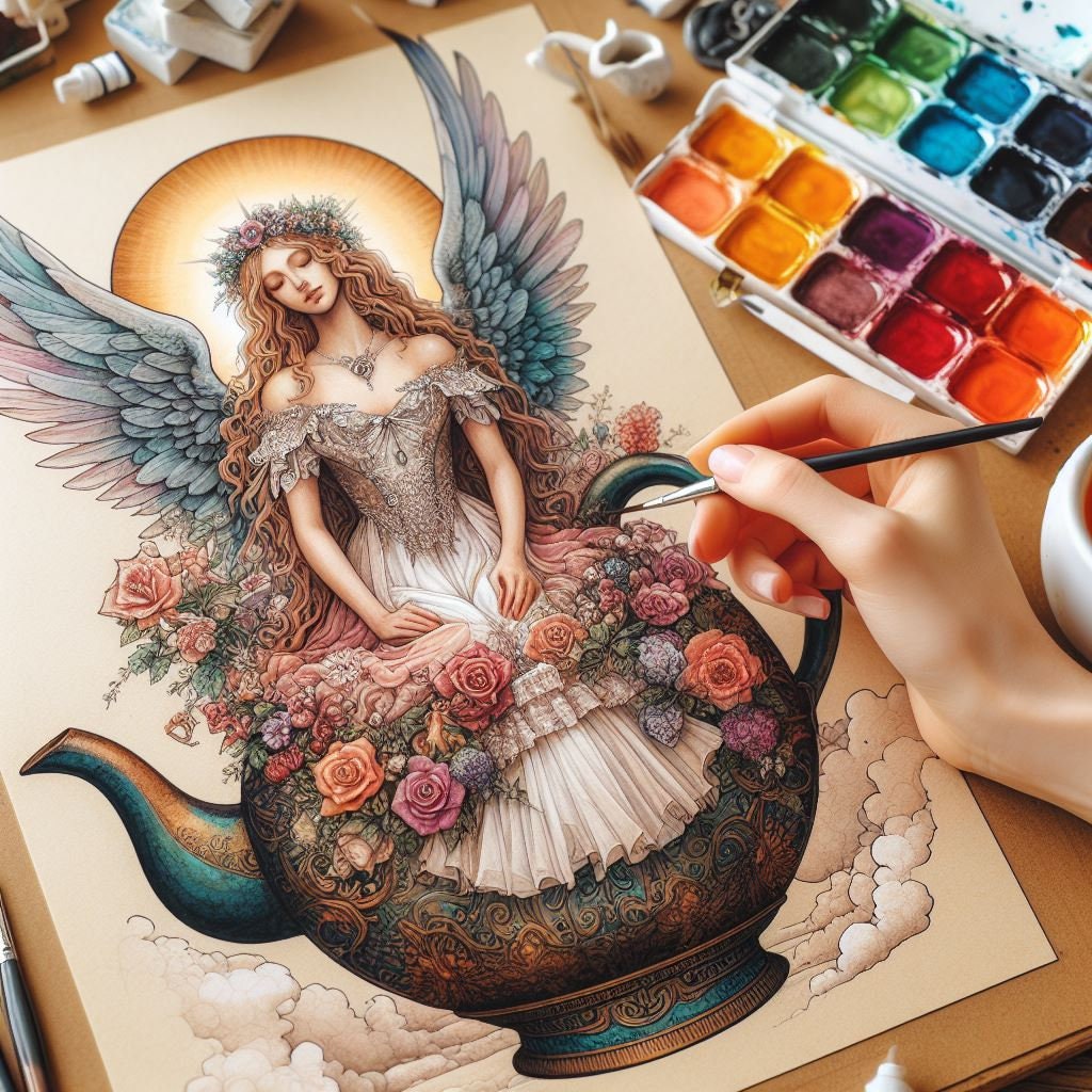 78 Angel in Teapot Coloring Pages, Women Angels at Tea Time, Grayscale ...