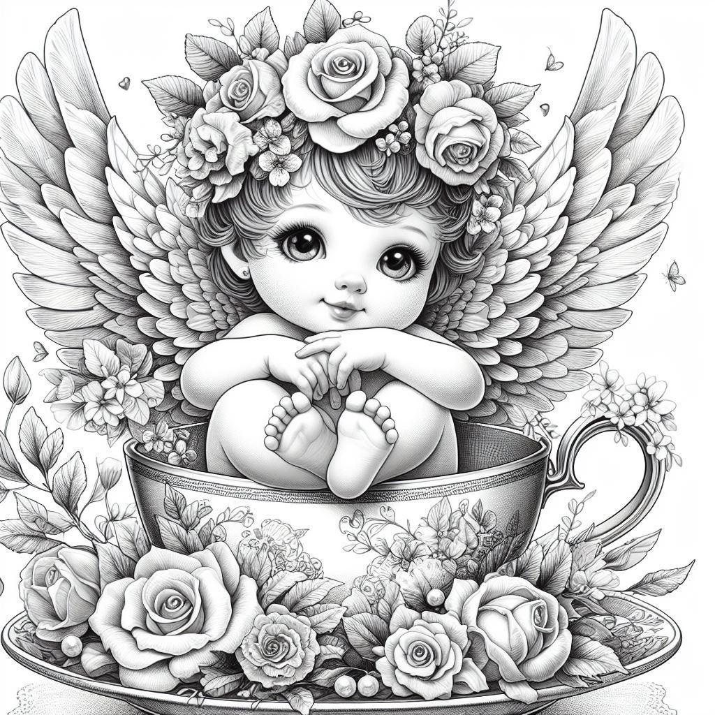 54 Baby Angel in Tea Cup Coloring Book Little Angel Coloring Pages ...
