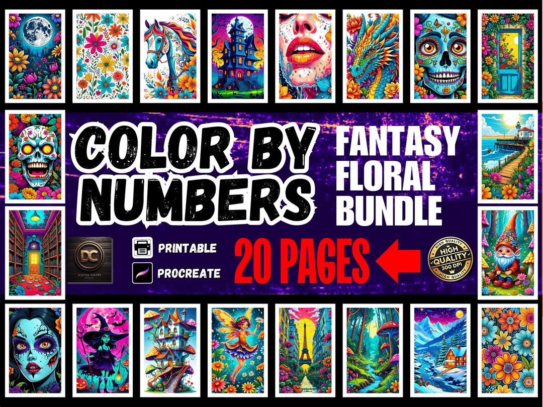 20 Coloring by Numbers, Digital Coloring Book, Paint, Procreate, Ipad ...