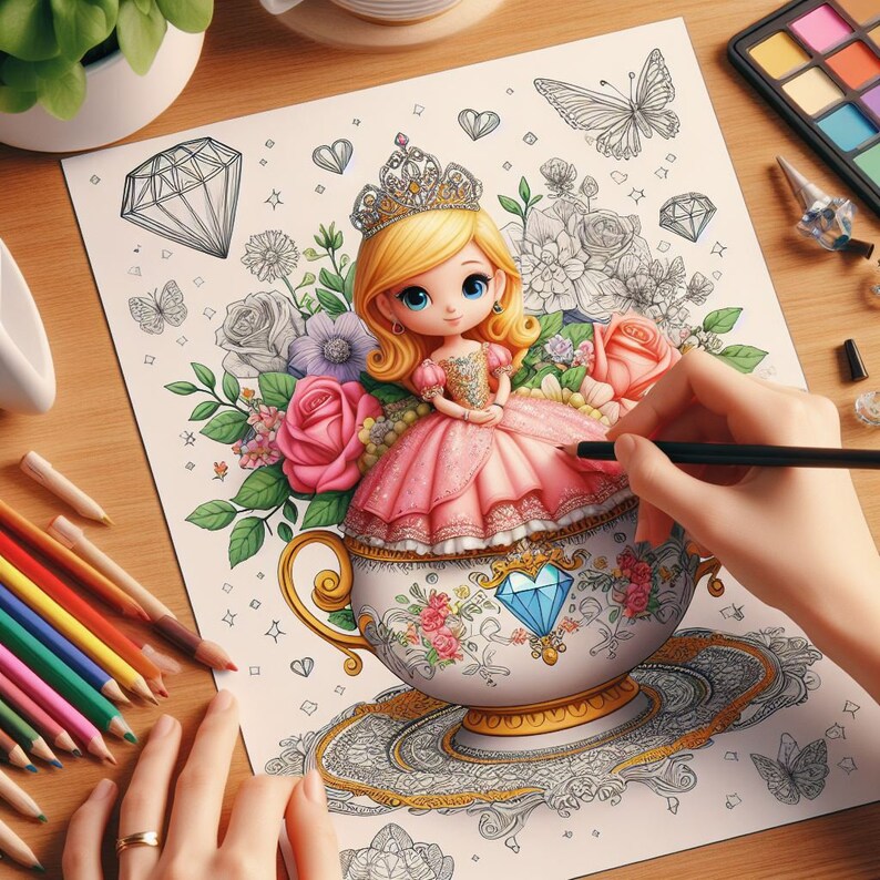 45 Cute Princess in Teapot Coloring Book, Fantasy Fairytale Princesses ...