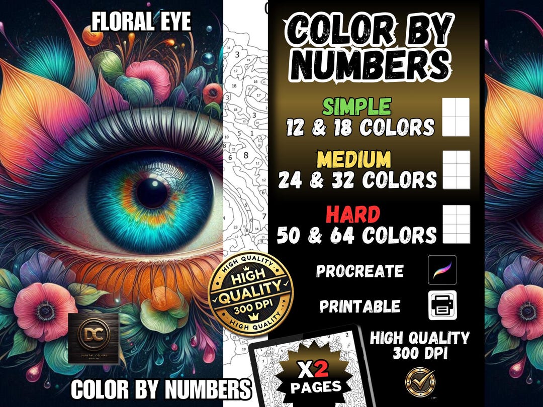 2 Coloring by Numbers, Digital Coloring Book, Paint, Procreate, Ipad ...