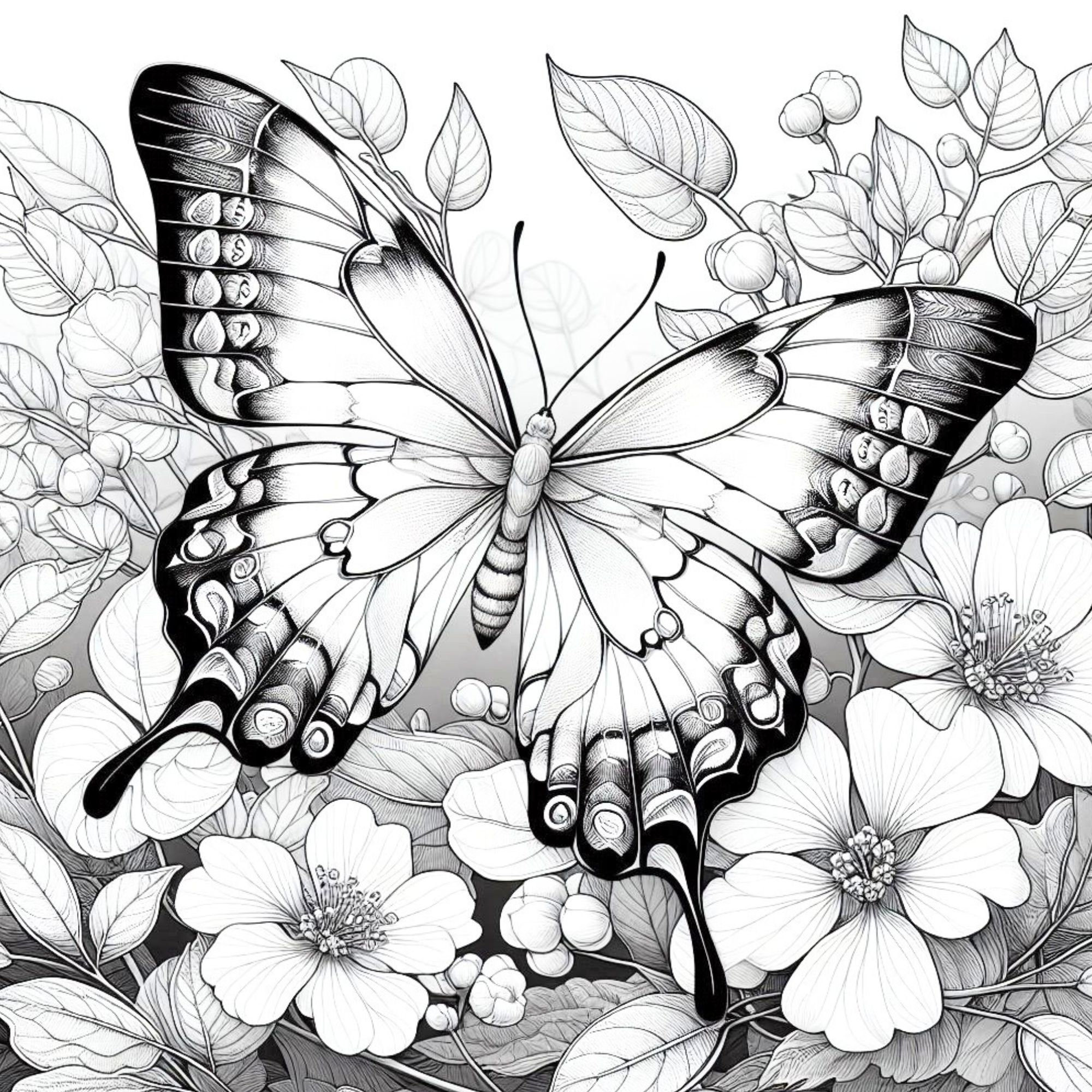 200 Floral Butterfly Coloring Pages, Grayscale Flower Butterflies ...