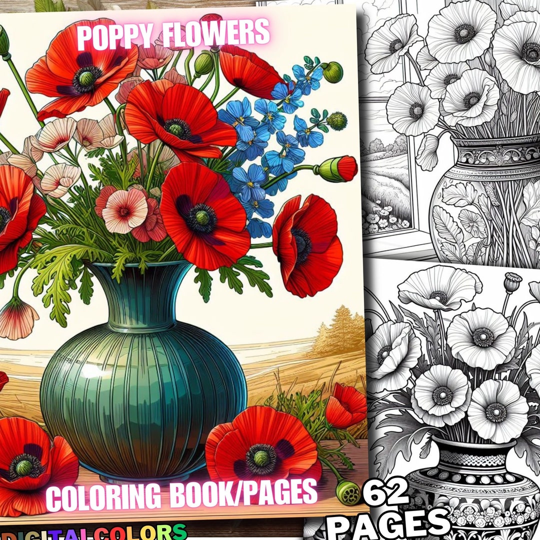 62 Poppy Flowers Coloring Pages, Cute Flower Spring, Botanical Floral ...