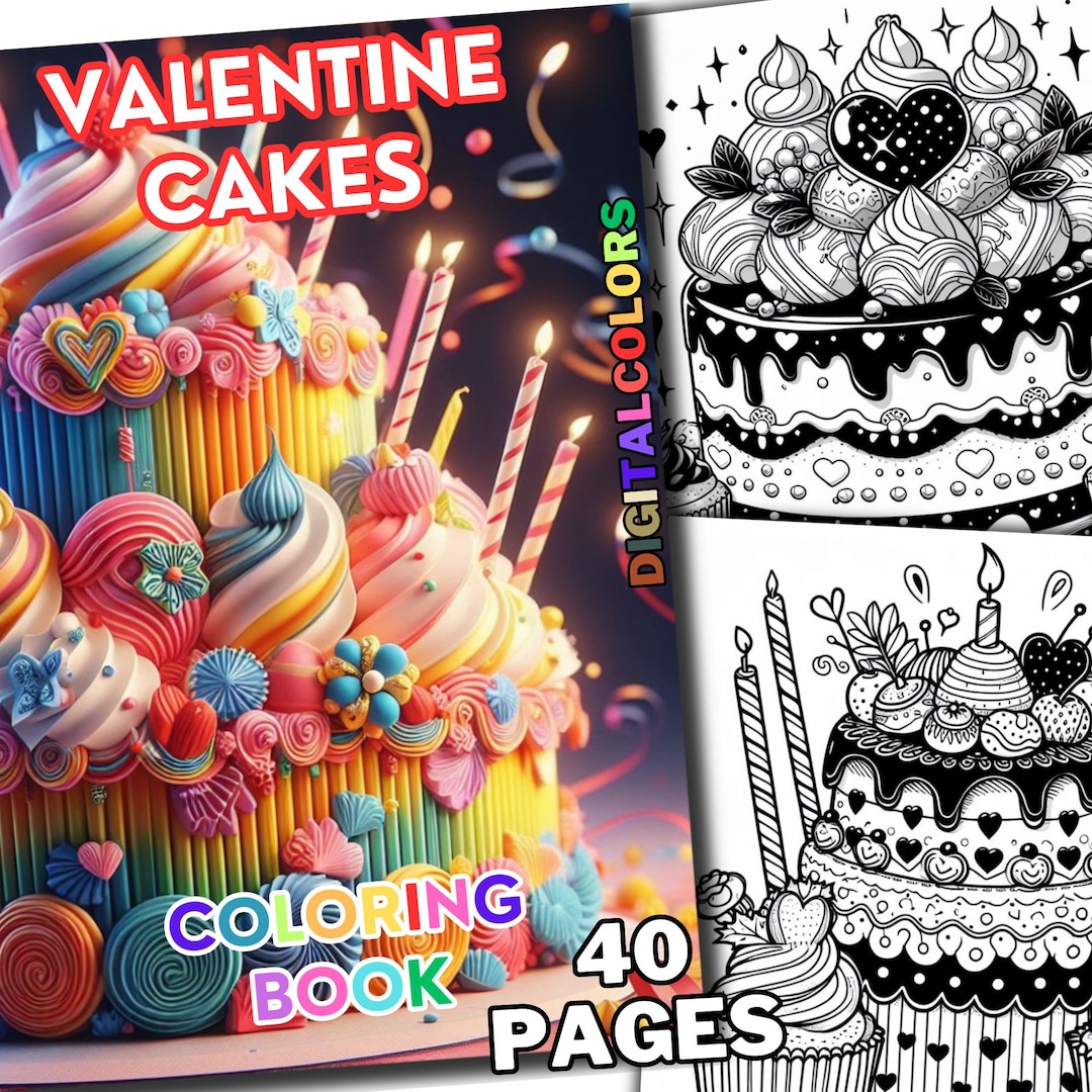 40 Cake Coloring Pages, Valentine Cake Coloring Book, Books, High ...