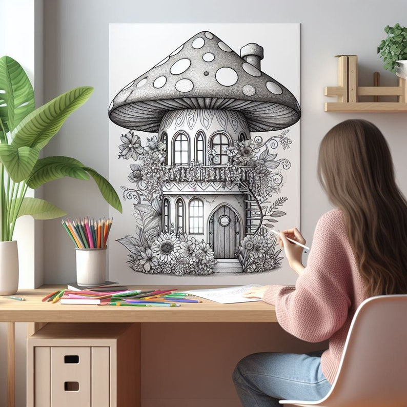 67 Mushroom House Coloring Book, Fairy House Coloring Pages, Grayscale ...