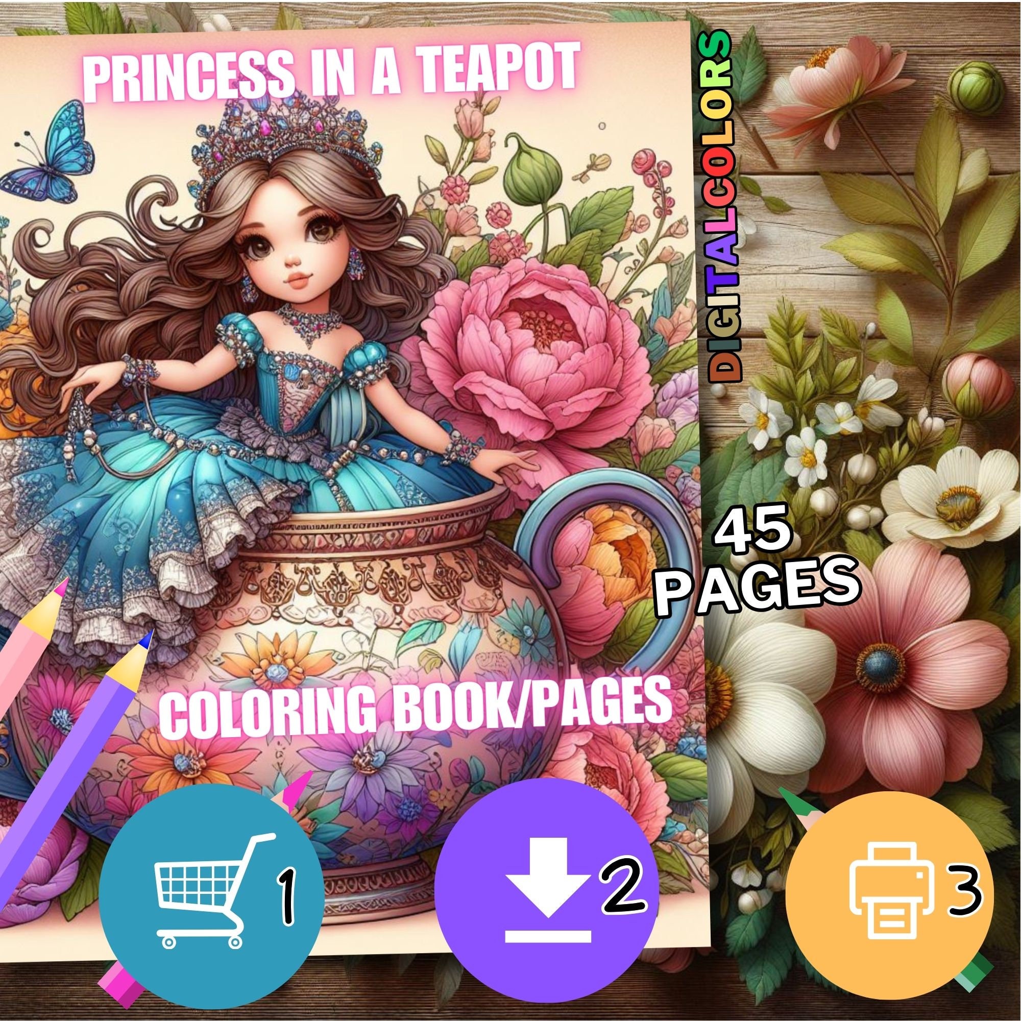 45 Cute Princess in Teapot Coloring Book, Fantasy Fairytale Princesses ...