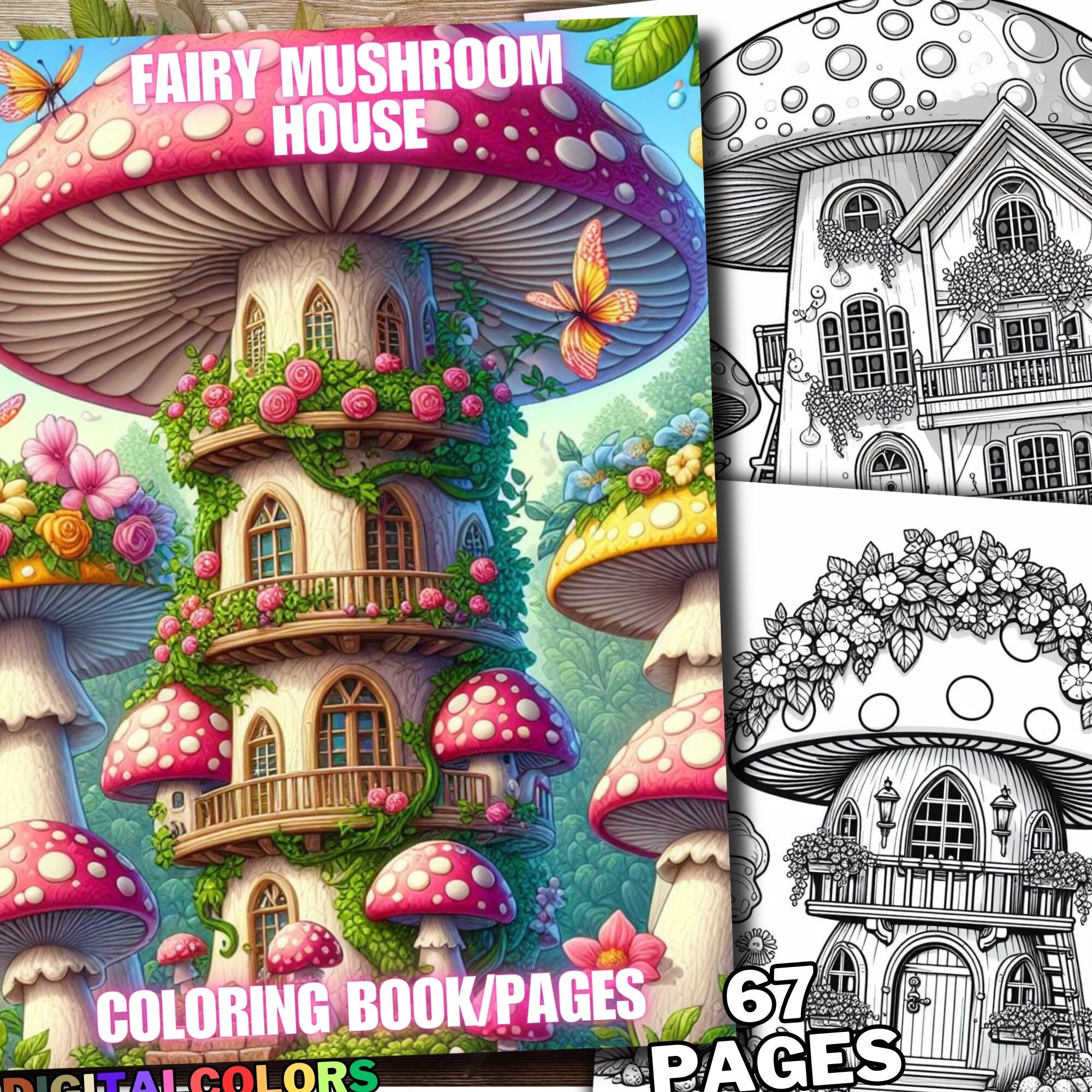 67 Mushroom House Coloring Book, Fairy House Coloring Pages, Grayscale ...