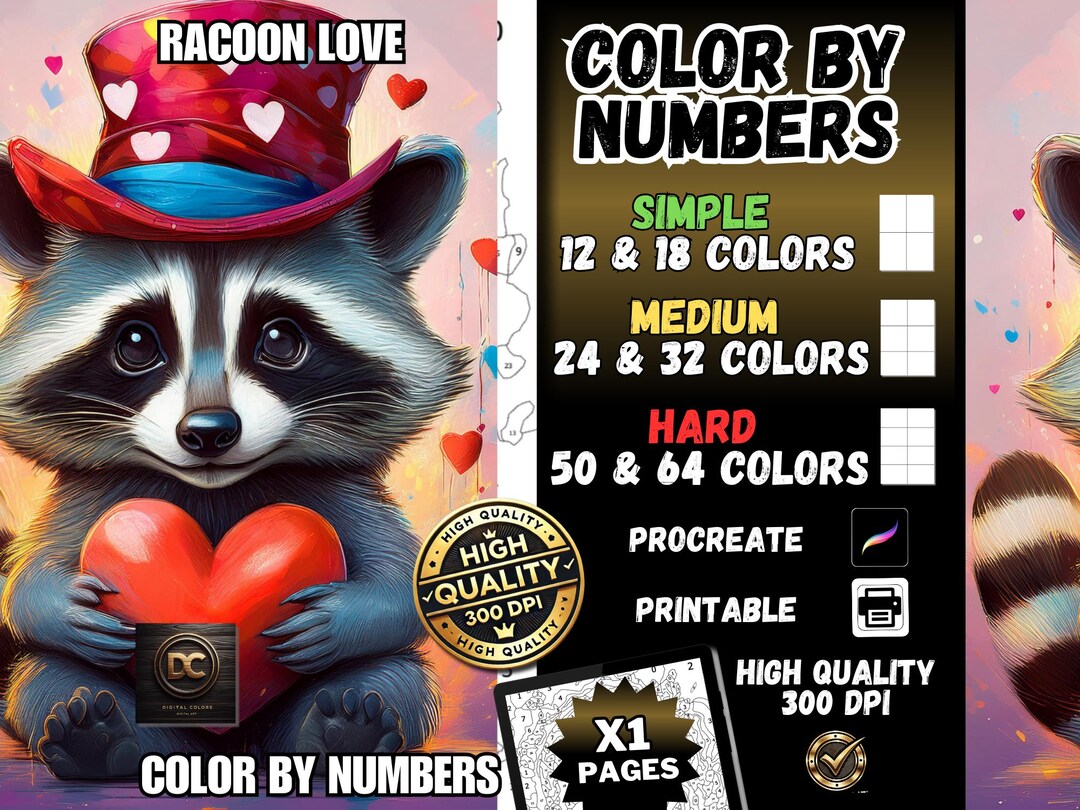 Coloring by Numbers Racoon Love, by Number Painting, Coloring by Number ...