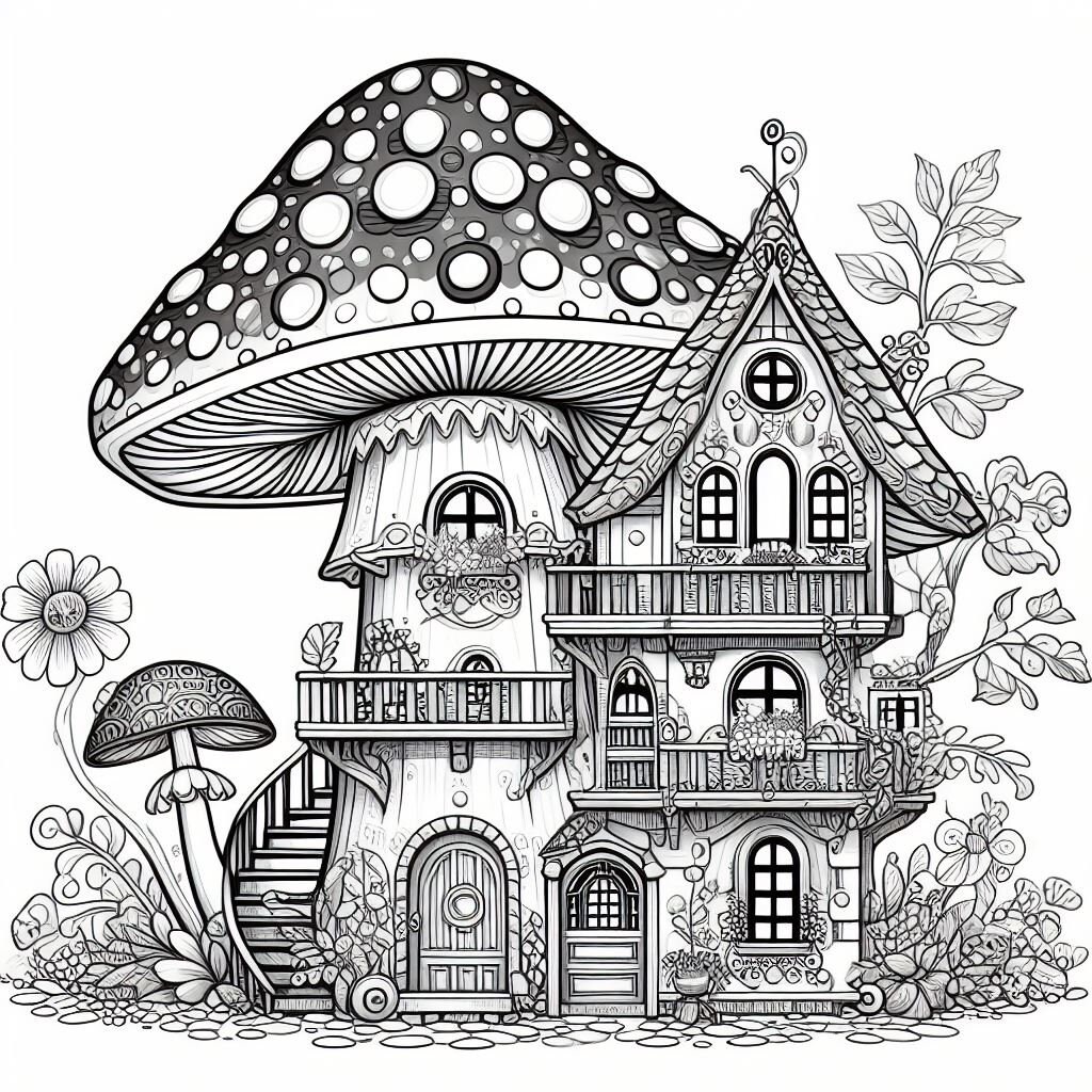 67 Mushroom House Coloring Book, Fairy House Coloring Pages, Grayscale ...