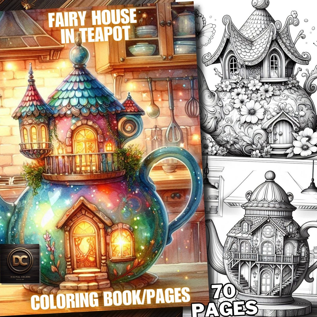 70 Fairy House in Teapot Coloring Pages, Floral Fantasy Teapot Houses ...